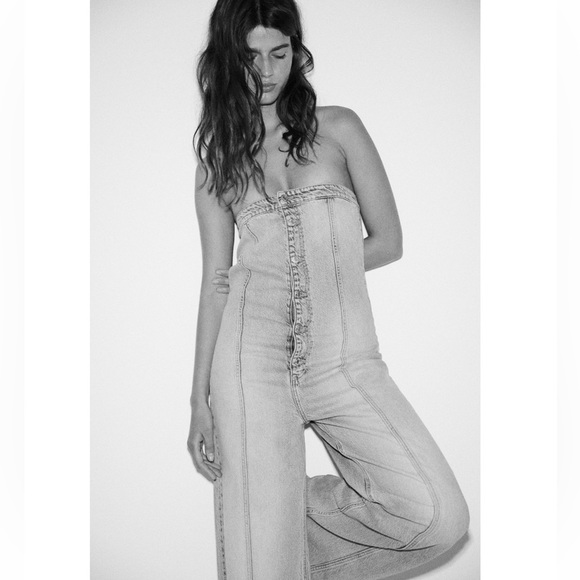 Zara | Pants & Jumpsuits | Zara Trf Strapless Denim Jumpsuit | Poshmark